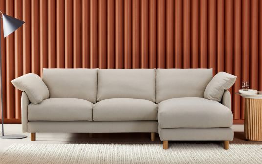 Milo 3 seat sofa with right arm facing chaise in Link Pebble Fabric